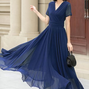 Navy Blue Chiffon Dress, Women Summer Maxi Swing Dress, Elegant Flowy ...