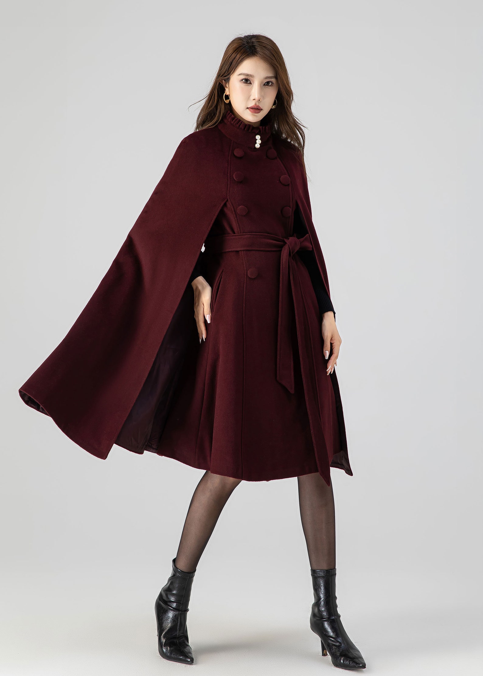 Burgundy Swing Cloak Coat, Winter Wool Cape Coat Women, Long Wool Cape ...