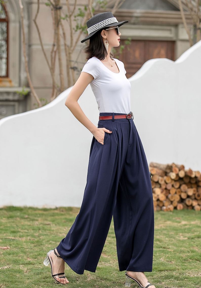 Womens Pleated High Waisted Wide Leg Pants Belted Etsy