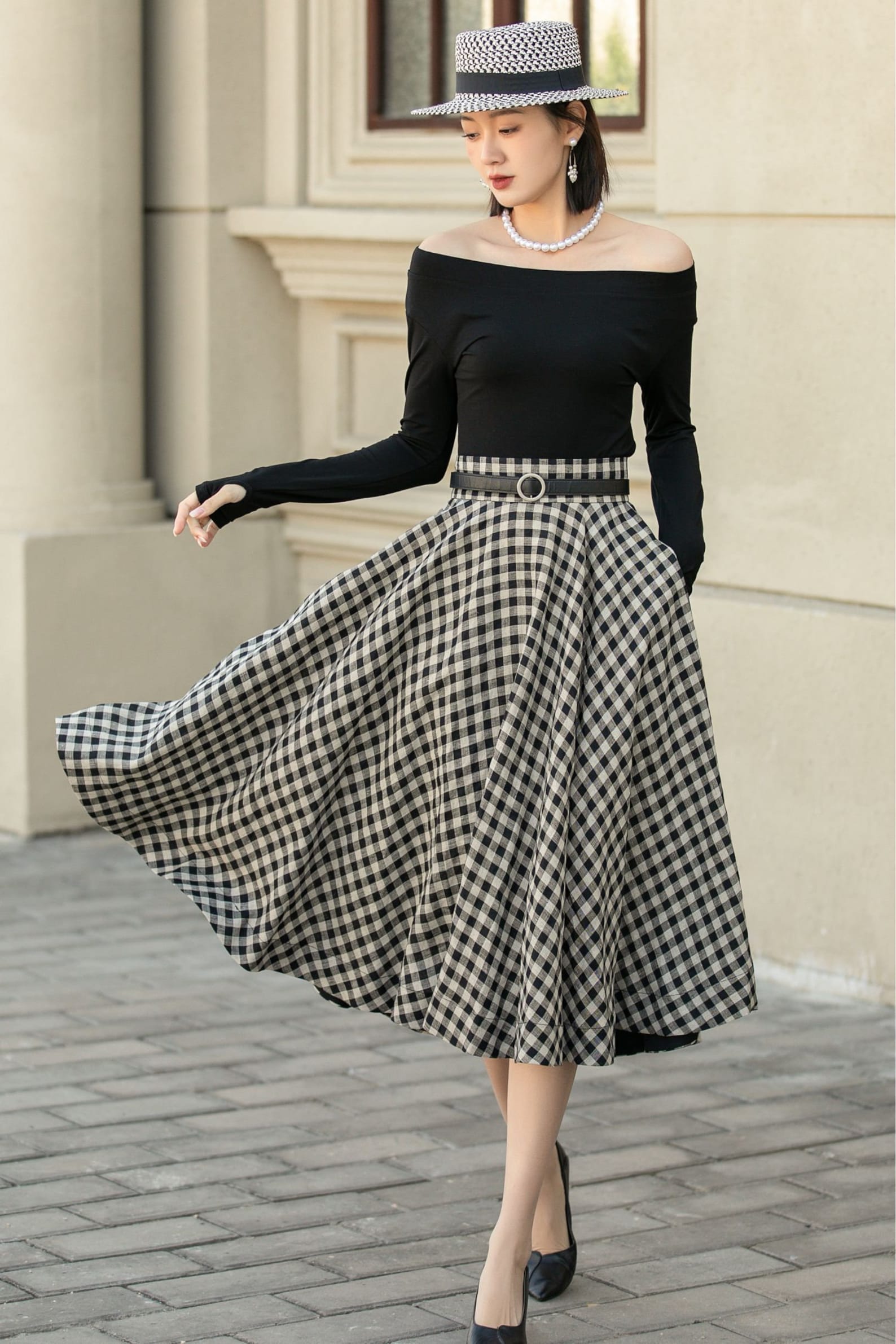Vintage Inspired Plaid Midi Circle Skirt, Swing Linen Skirt, Womens ...