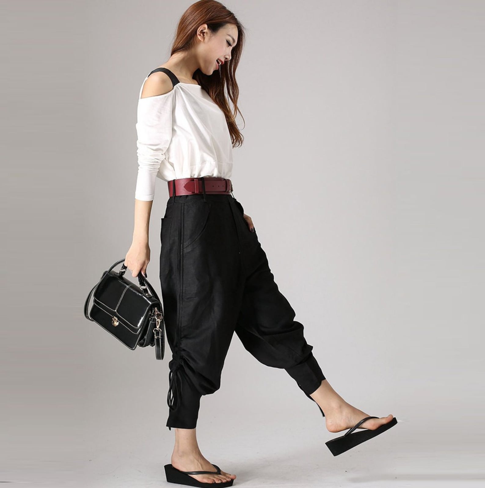 Handmade Black Linen Capri Pants, Tapered Leggings With Patchwork ...