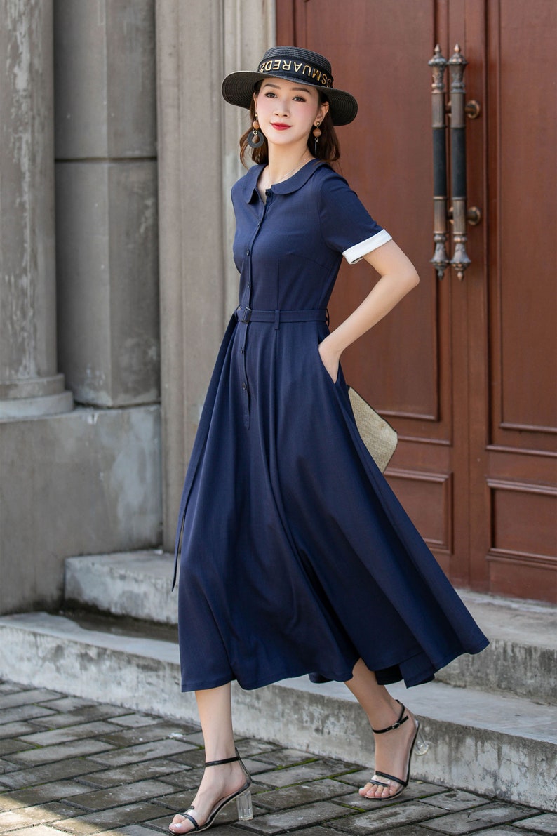 Semi-formal Navy Midi Shirt Dress, Short Sleeve Button up Dress, Womens ...