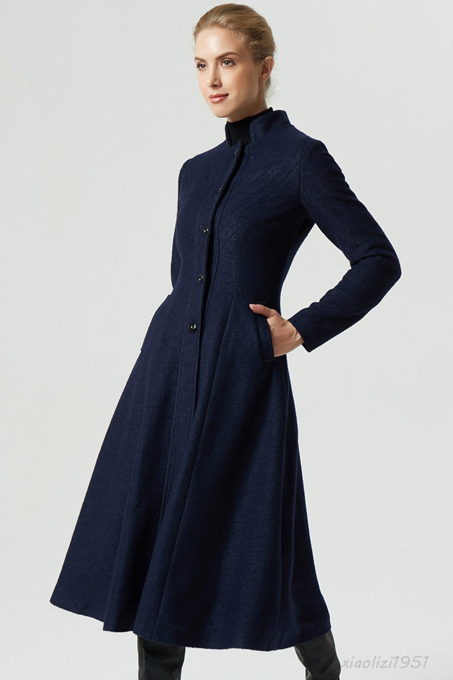 Midi Wool Coat, Warm Winter Coat Women, Navy Wool Coat, Women Coat for ...