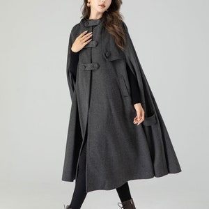 Dark Gray Wool Cape Coat for Women, Plus Size Wool Cape Coat, Autumn ...