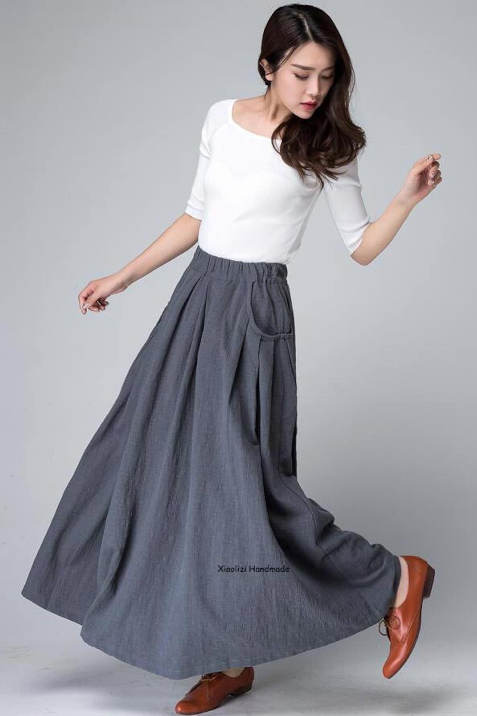 Linen Skirt, Long Linen Maxi Skirt With Pockets, Plus Size Pleated ...