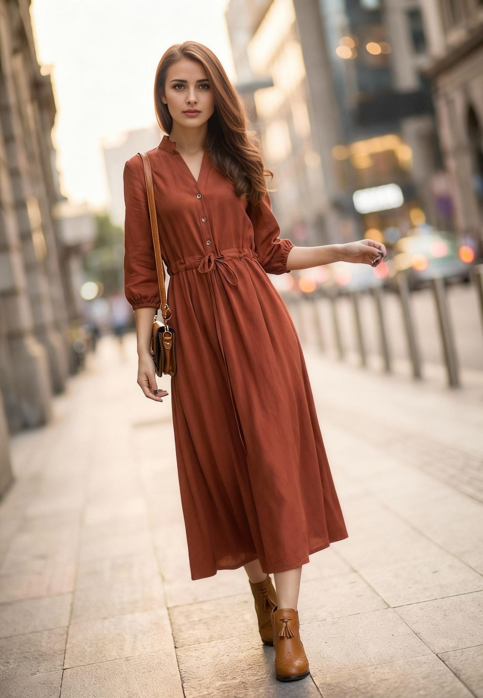 Rust Red Linen Shirt Dress, Casual Linen Maxi Dress With Drawstring ...