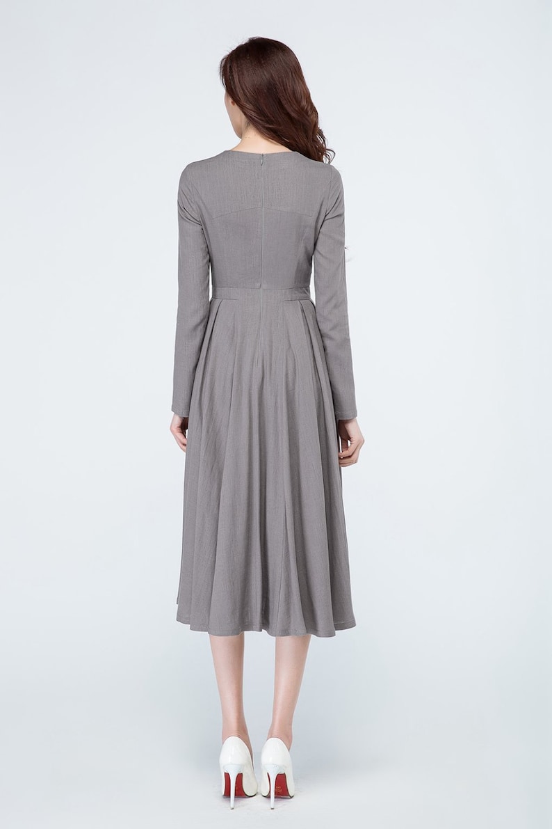 Gray Dress Women Crew Neck Linen Dress Long Sleeve Linen Etsy