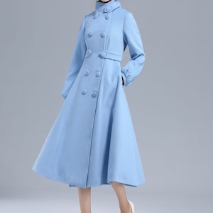 Double Breasted Wool Coat, Light Blue Wool Coat, Warm Winter Wool Coat ...