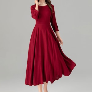 Linen Dress, Red Linen Dress, Midi Linen Dress, Swing Linen Dress ...