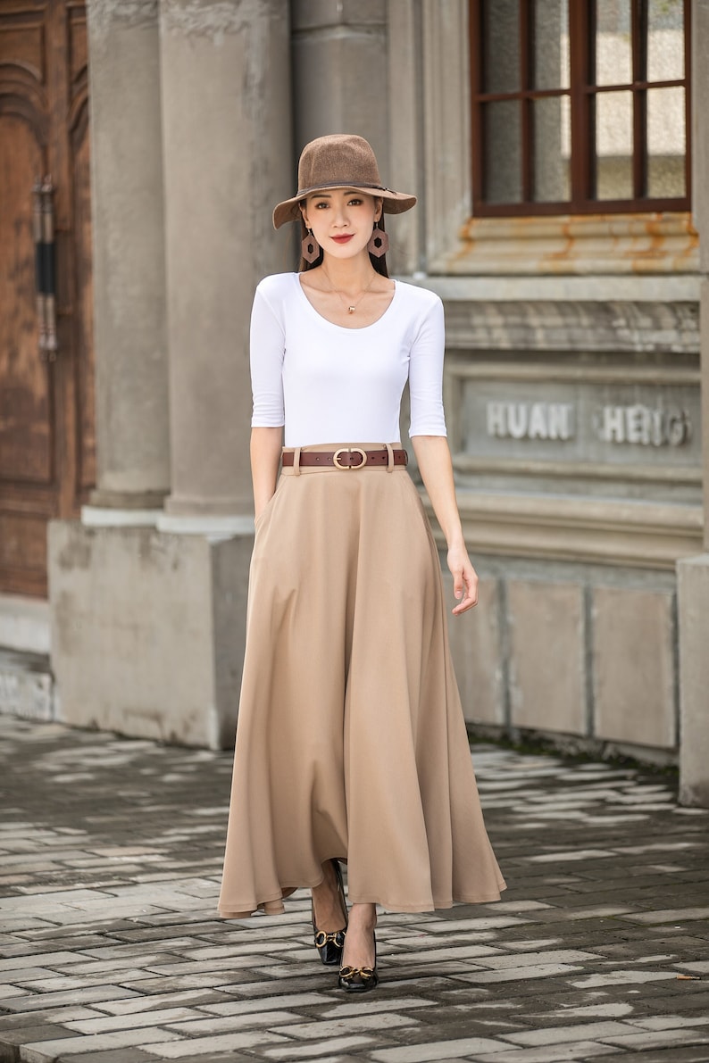 A-line Khaki Work Maxi Skirt, Long Skirt, A Line Swing Skirt With ...