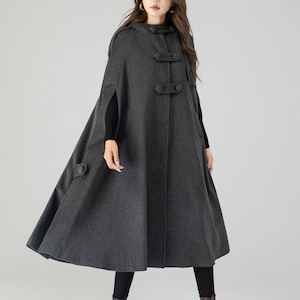 Dark Gray Wool Cape Coat for Women, Plus Size Wool Cape Coat, Autumn ...
