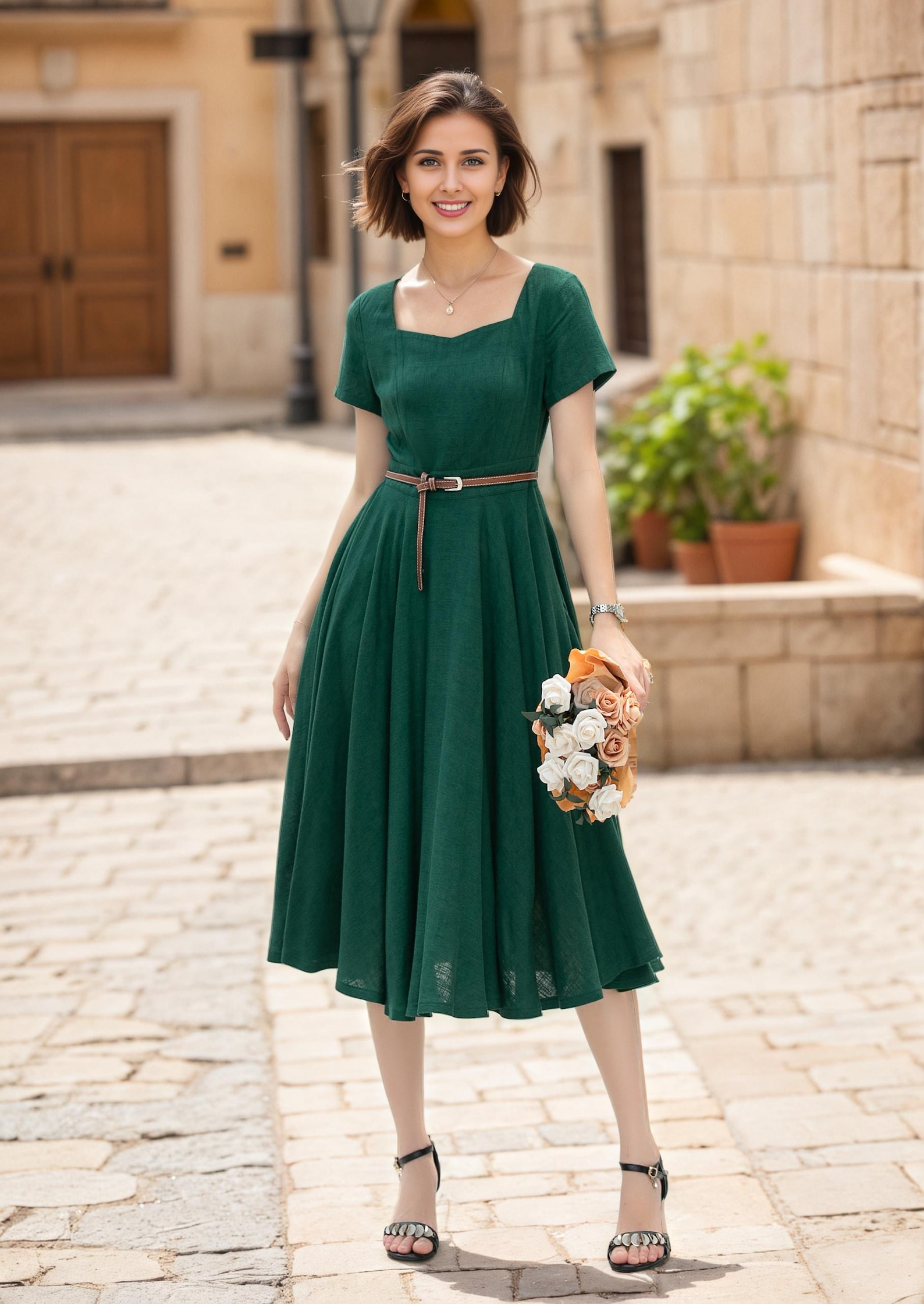Family Gathering Dress, Linen Green Midi Women Dress, A-line Summer ...