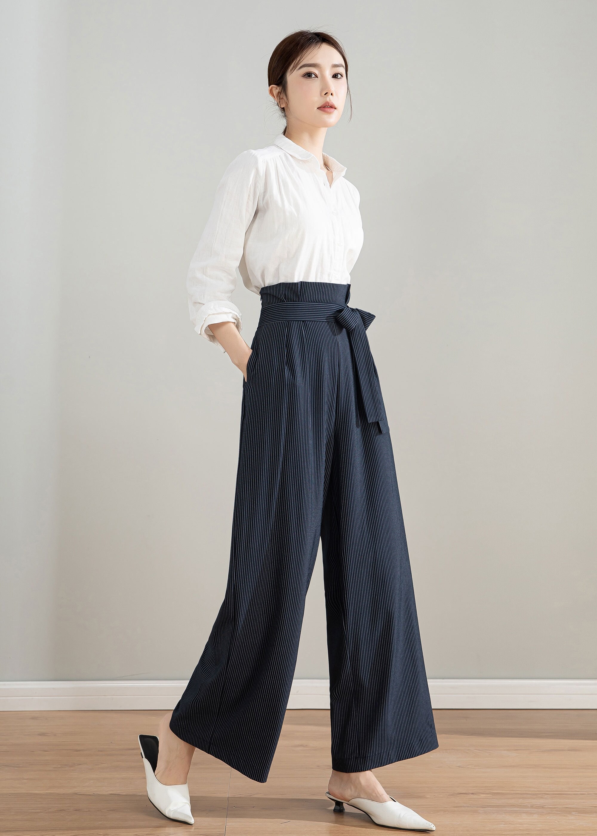 Womens Palazzo Belted Pants, High Waisted Long Trousers Womens Palazzo Belted Pants, High Waisted Long Trousers