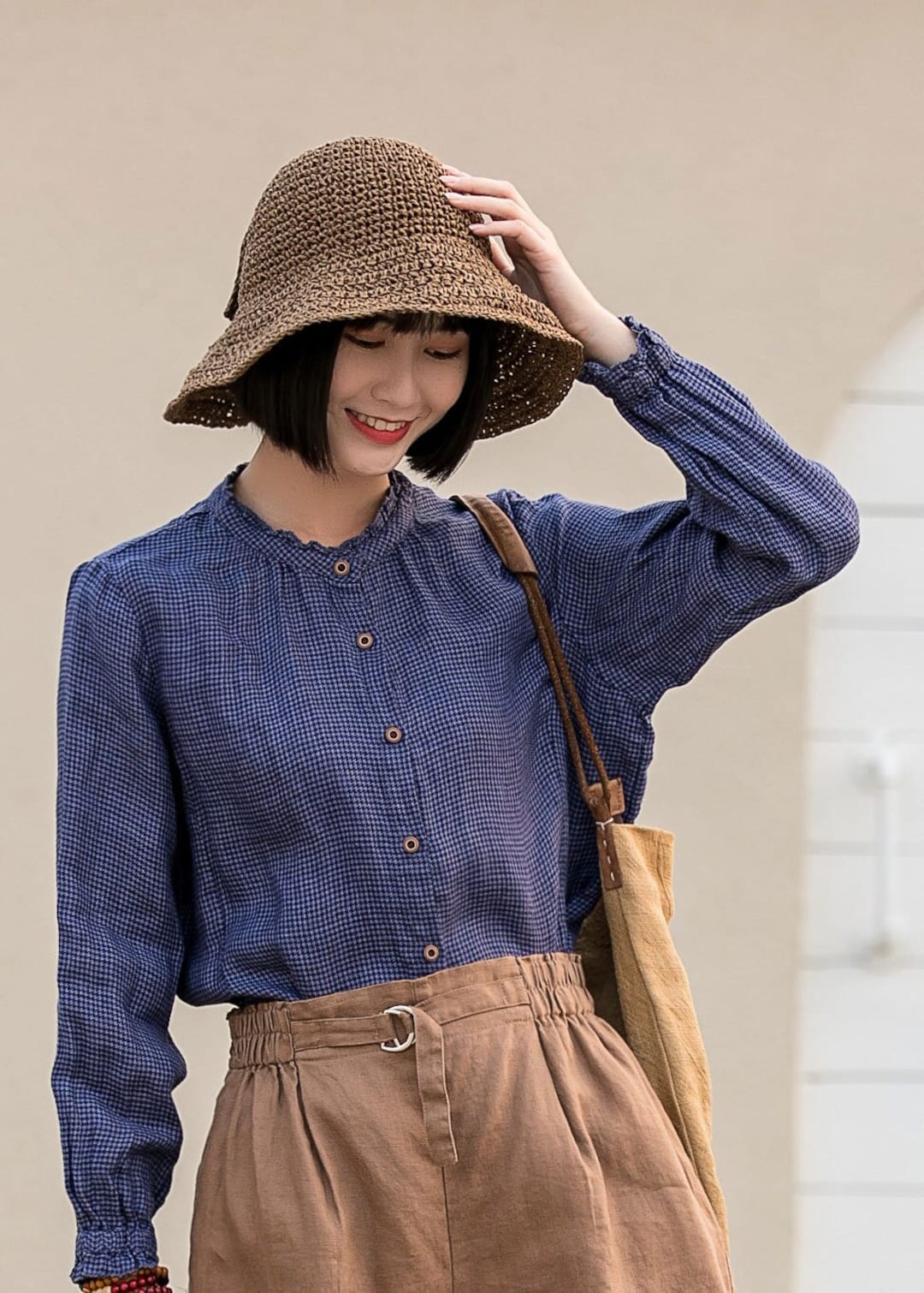 Blue Vintage Check Linen Tops Clothing, Retro Ruffle Crew Neck Linen ...