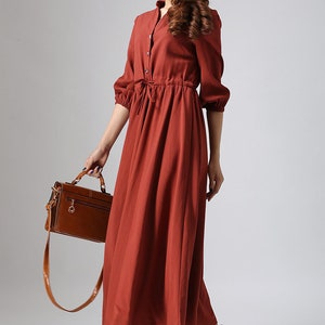 Rust Red Linen Shirt Dress, Casual Linen Maxi Dress With Drawstring ...