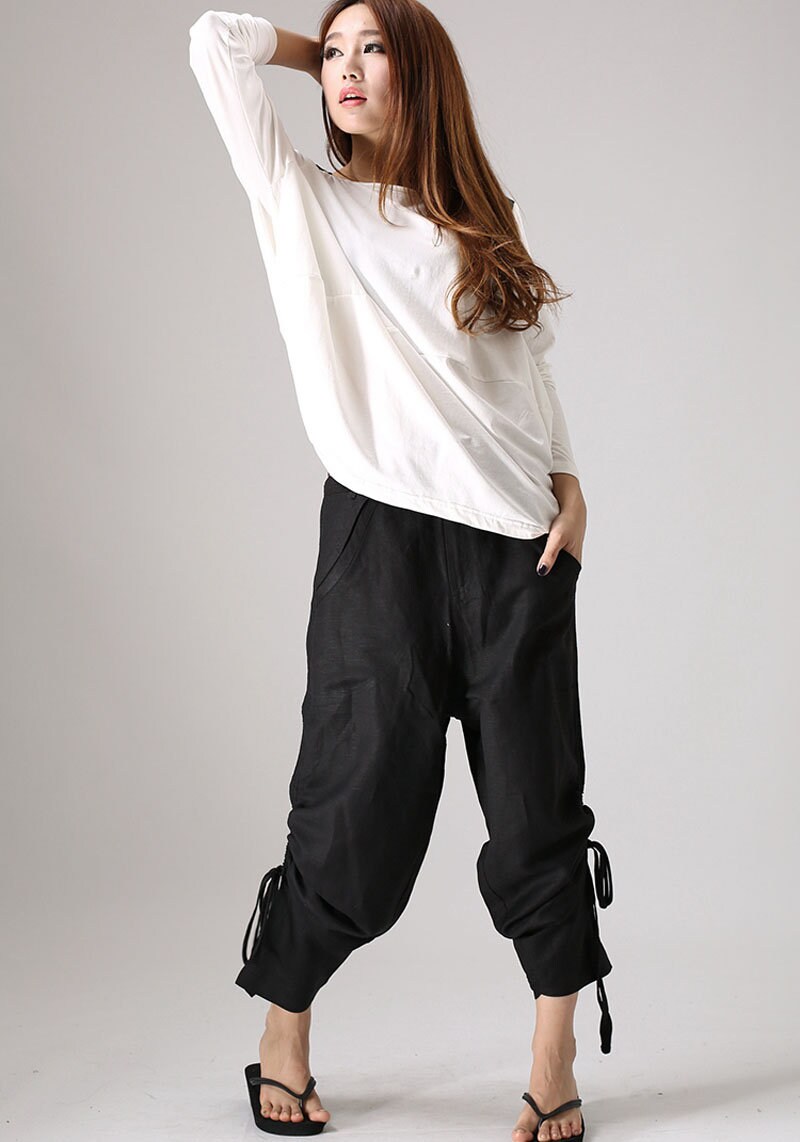 Handmade Black Linen Capri Pants, Tapered Leggings With Patchwork ...
