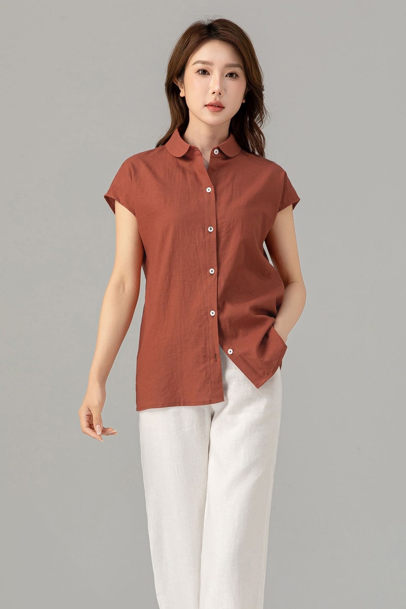 Office Shirt, Rust Red Linen Shirt, Womens Short Sleeve Linen Shirt ...