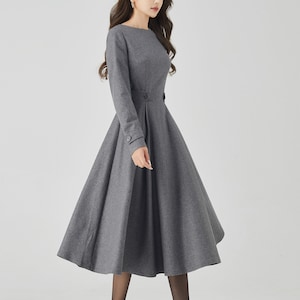 Gray Wool Dress, Midi Wool Dress, Swing Long Wool Dress for Women, Fit ...