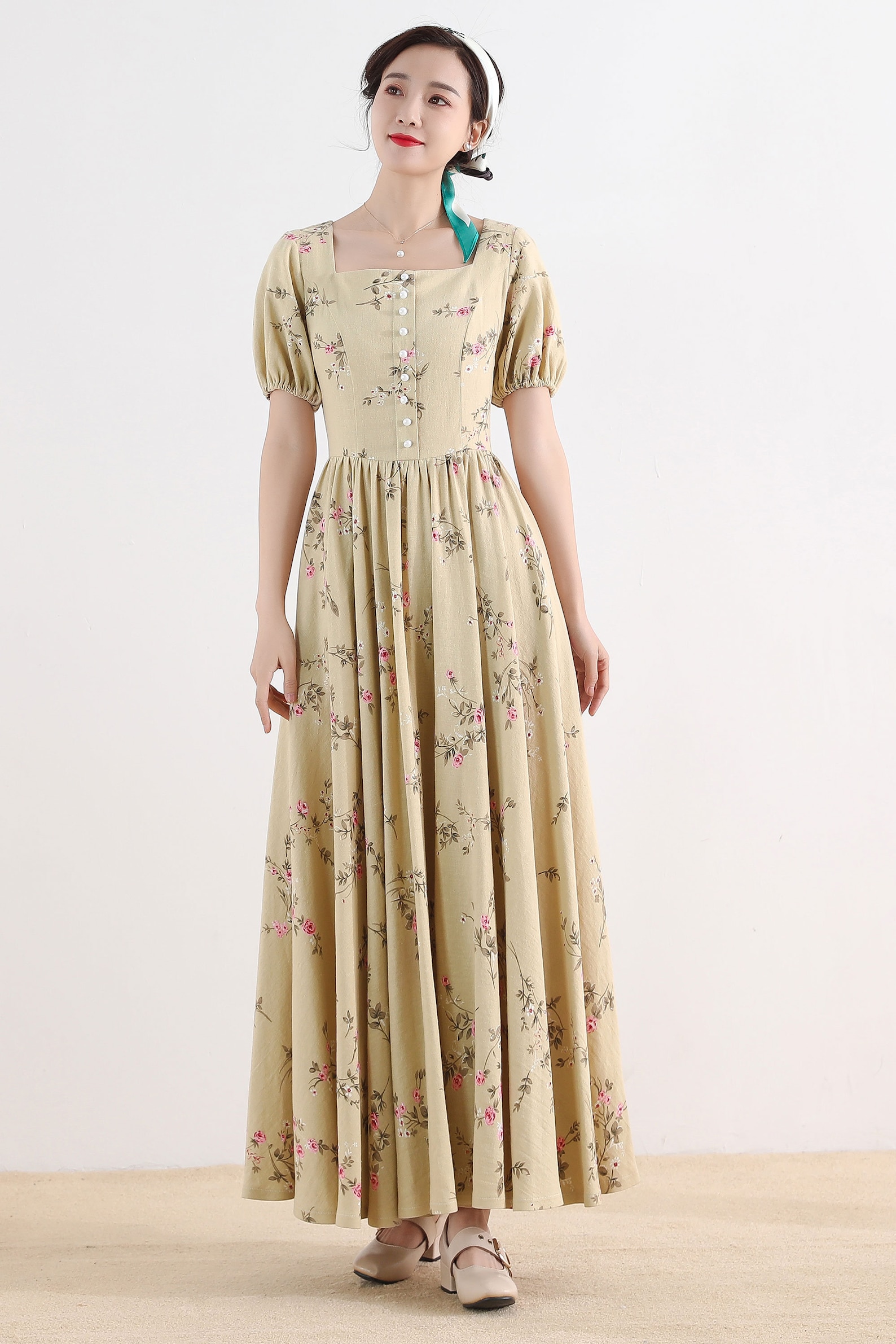 Linen dress Flower maxi dress Vintage inspired Flower Linen | Etsy