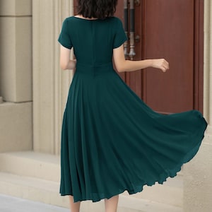 Elegant Deep Green Midi Dress, Flattering A-line Fit Dress, Handcrafted ...