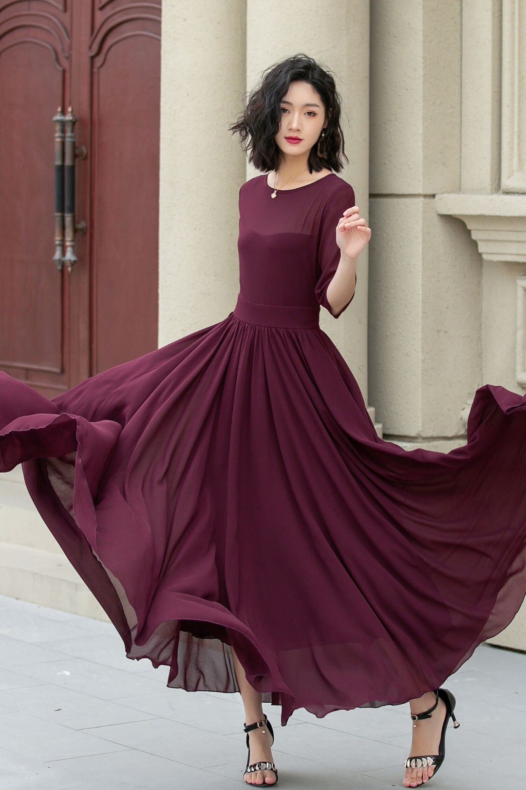 Chiffon Maxi Dress, Fit and Flare Chiffon Dress, Women Burgundy Dress ...