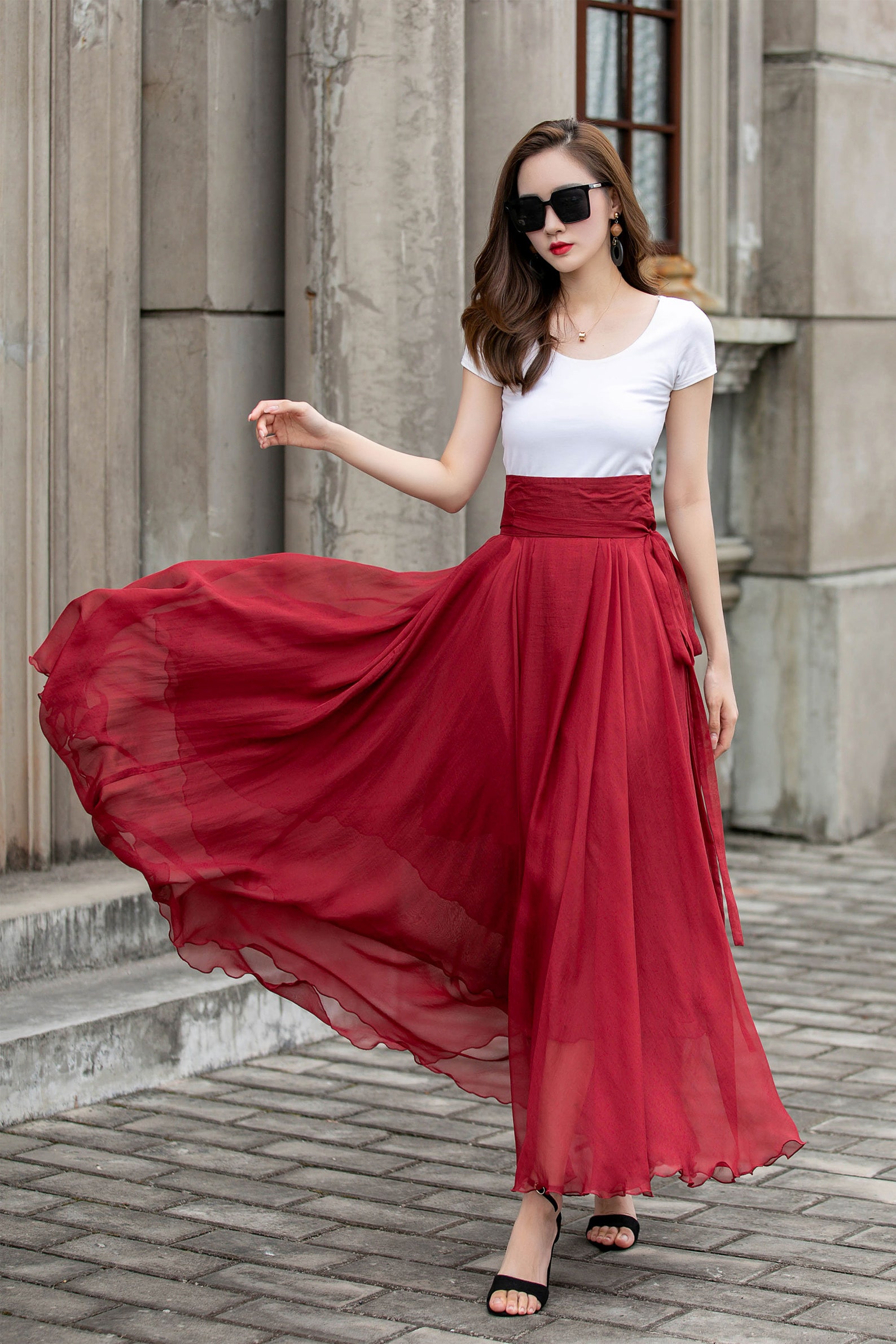 Red Summer Swing Chiffon Maxi Skirt, Circle Long Chiffon Skirt for ...