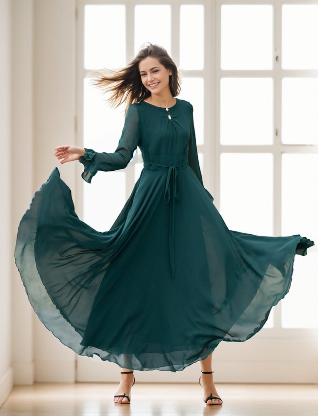 Chiffon Dress, Maxi Chiffon Dress, Chiffon Womens Green Dress, Boho ...