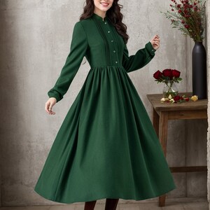 Wool Dress, Long Wool Dress, Swing Wool Dress, Green Wool Dress, Autumn ...