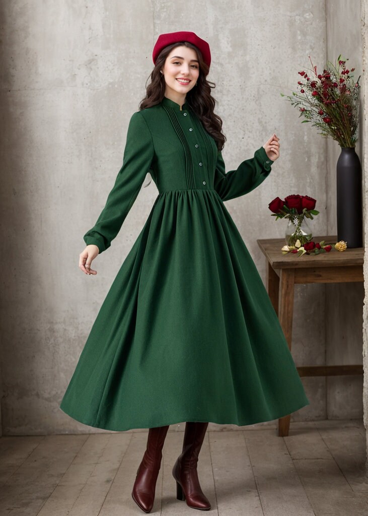 Wool Dress, Long Wool Dress, Swing Wool Dress, Green Wool Dress, Autumn ...