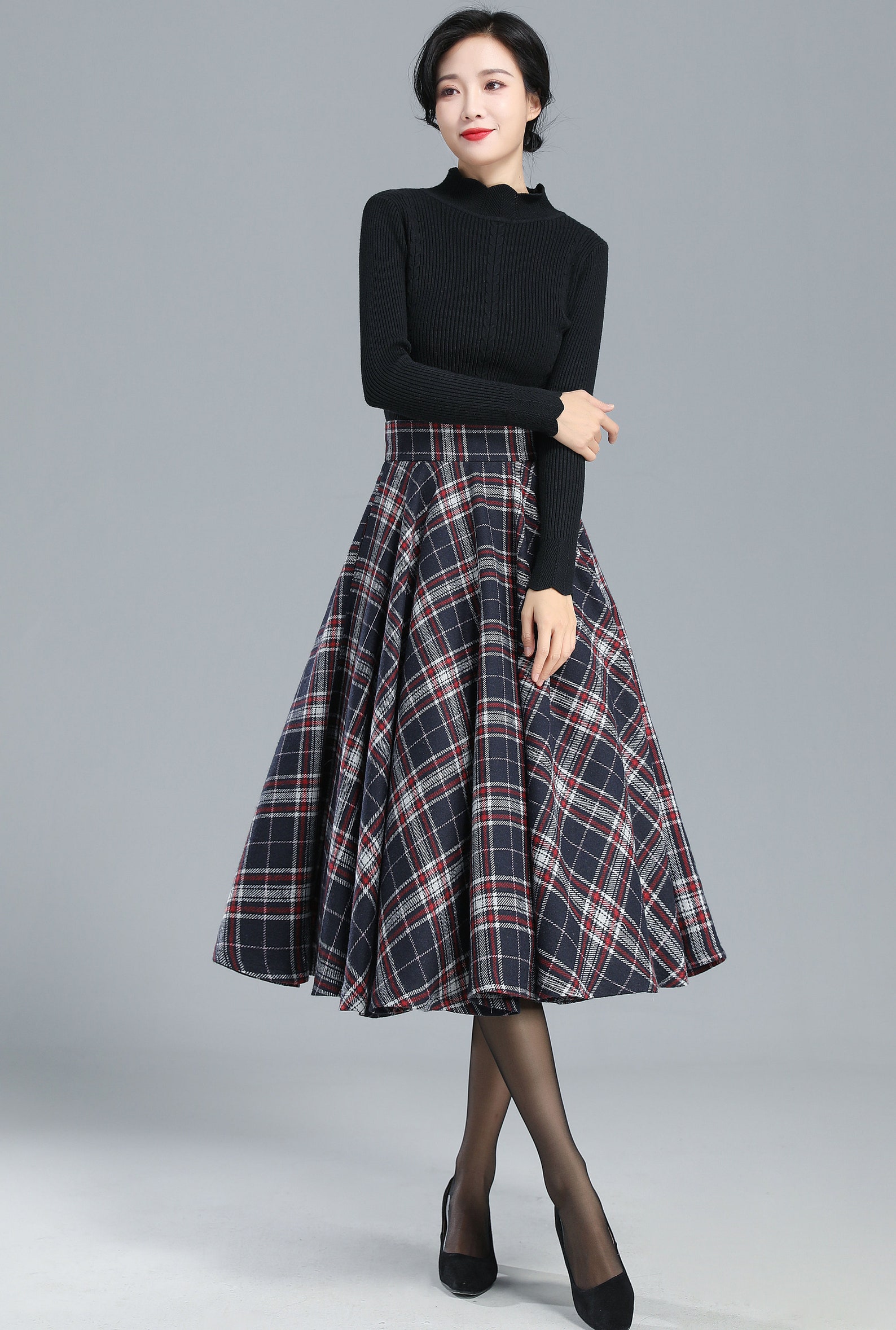 Midi Wool Plaid Skirt Wool Circle Skirt Swing Full Skirt | Etsy
