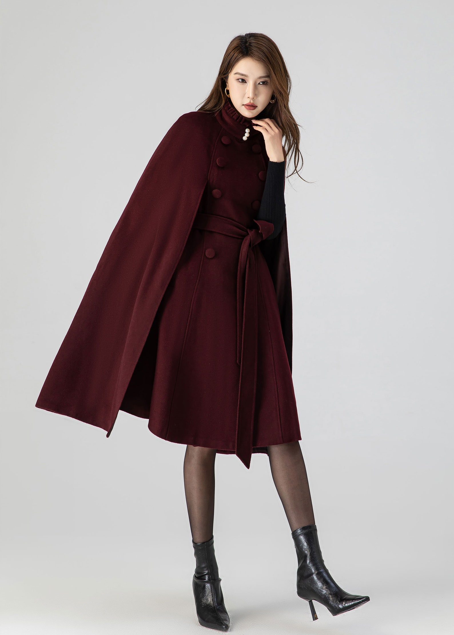 Burgundy Swing Cloak Coat, Winter Wool Cape Coat Women, Long Wool Cape ...