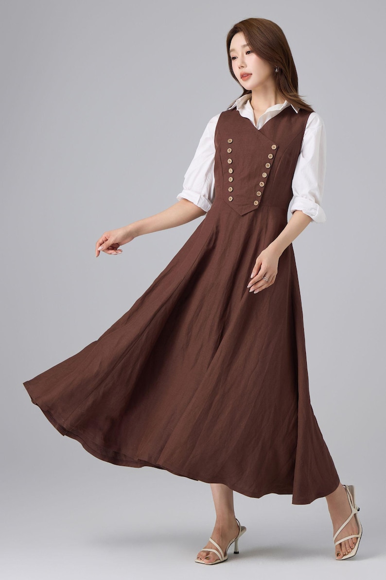 Brown Pinafore Maxi Dress: Sleeveless Double Breasted Linen Dress ...