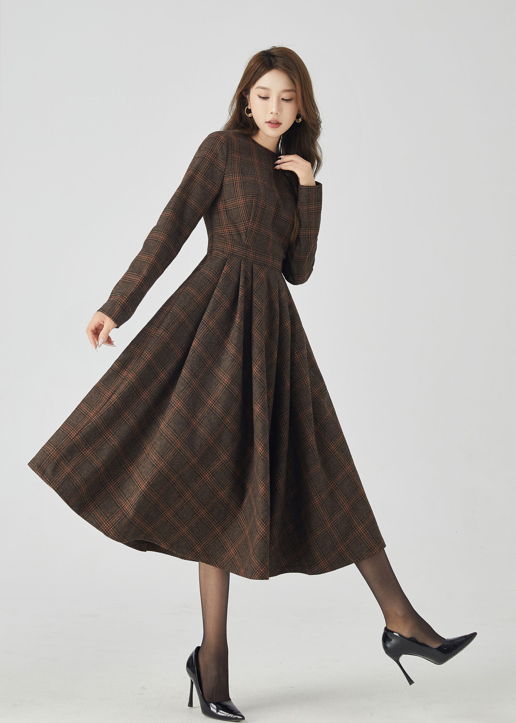 Wool Midi Dress, Plaid Wool Dress, Swing Wool Dress, Long Sleeve Wool ...