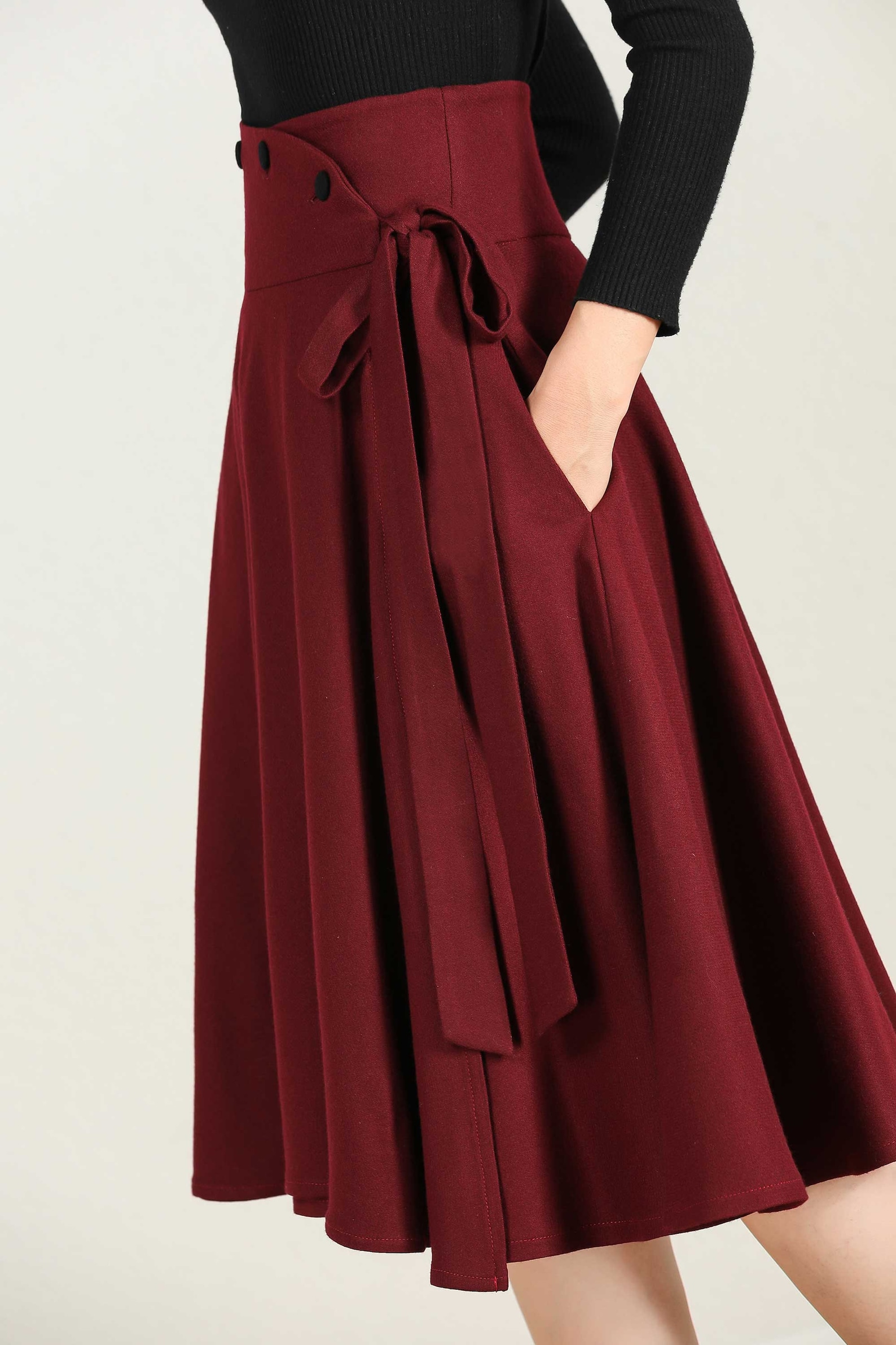 High Waisted Skater Skirt in Red, Wool Skirt, Wide Waistband Midi Skirt ...