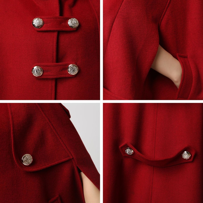 Women's Winter Red Wool Hooded Wool Cape Coat, Plus Size Cape Coat ...