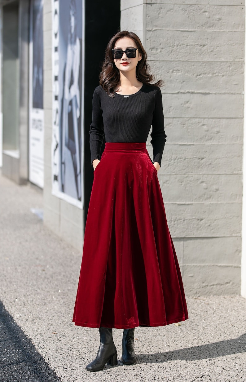 Red Long Velvet Skirt, High Waisted Skirt, Swing Skirt, A Line Skirt ...