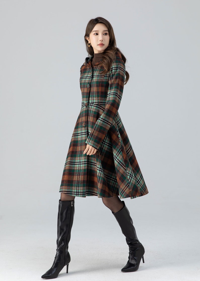 Wool Coat, Midi Plaid Wool Caot, Hooded Wool Coat, Swing Wool Coat Women, Winter Warm Wool Coat ...