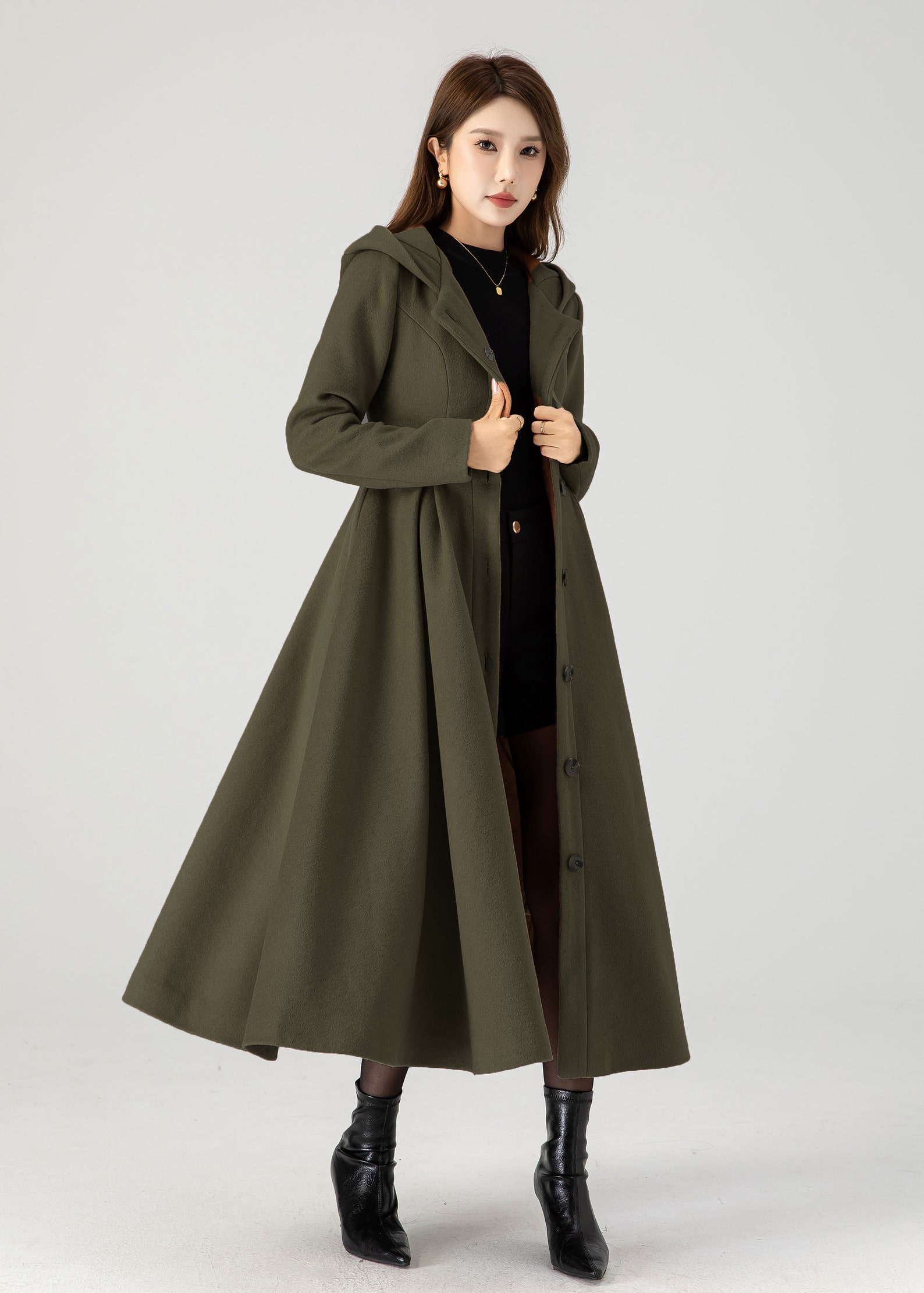 Womens Wool Coat, Long Swing Wool Coat, Hooded Wool Coat, Single ...