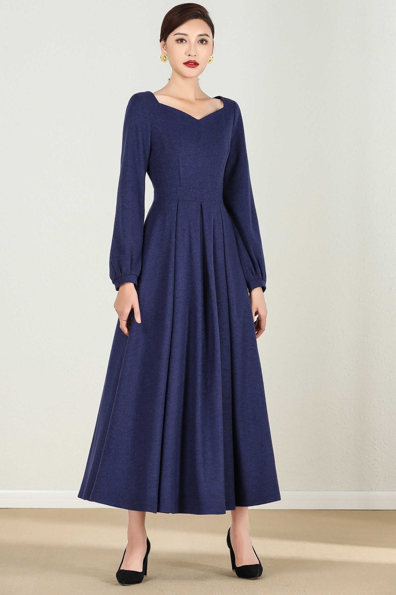 Long Wool Maxi Dress Long Sleeve Wool Dress Blue Wool Dress - Etsy