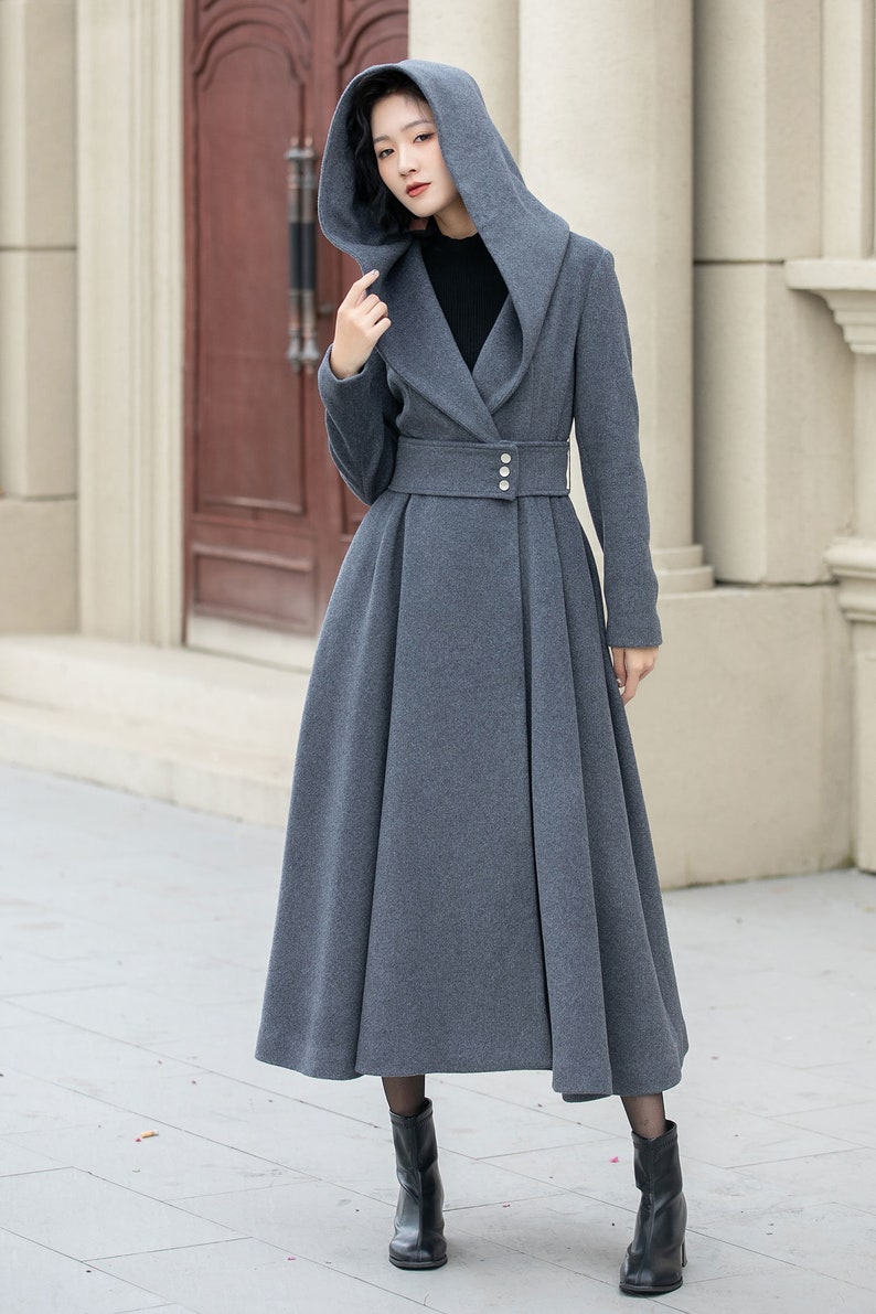 Long Wool Coat, Womens Gray Swing Wool Coat, Warm Wool Coat, Hooded ...