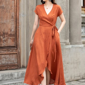 Wrap Linen Dress, Short Sleeve Orange Linen Wrap Dress, Summer Linen ...