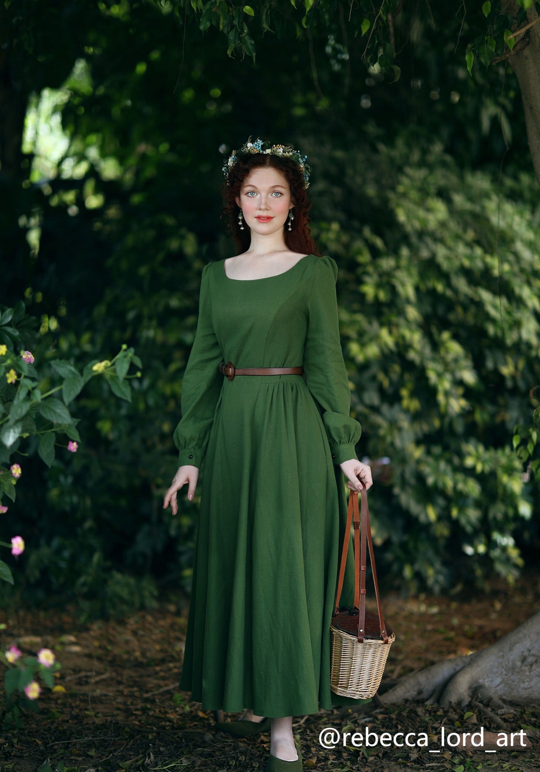 Long Sleeve Cottagecore Dress, Women Vintage Inspired Green Linen Dress ...