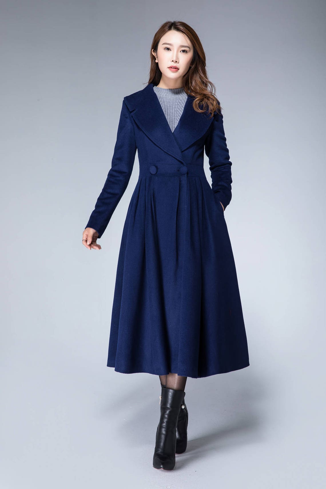 Woman Long Coat Navy Coat Long Wool Coat Trench Coat Etsy