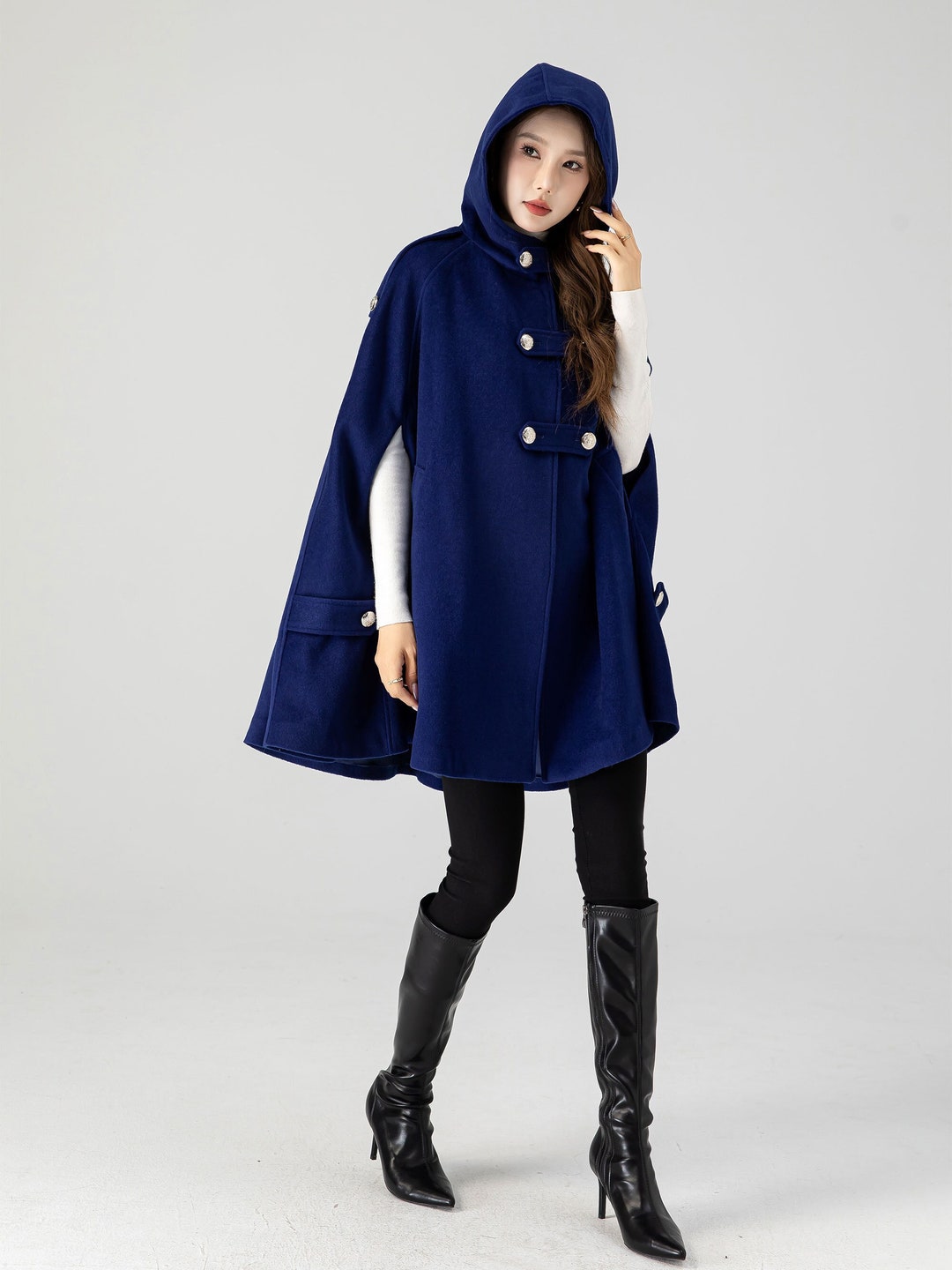 Women's Winter Blue Wool Hooded Wool Cape Coat, Plus Size Cape Coat ...