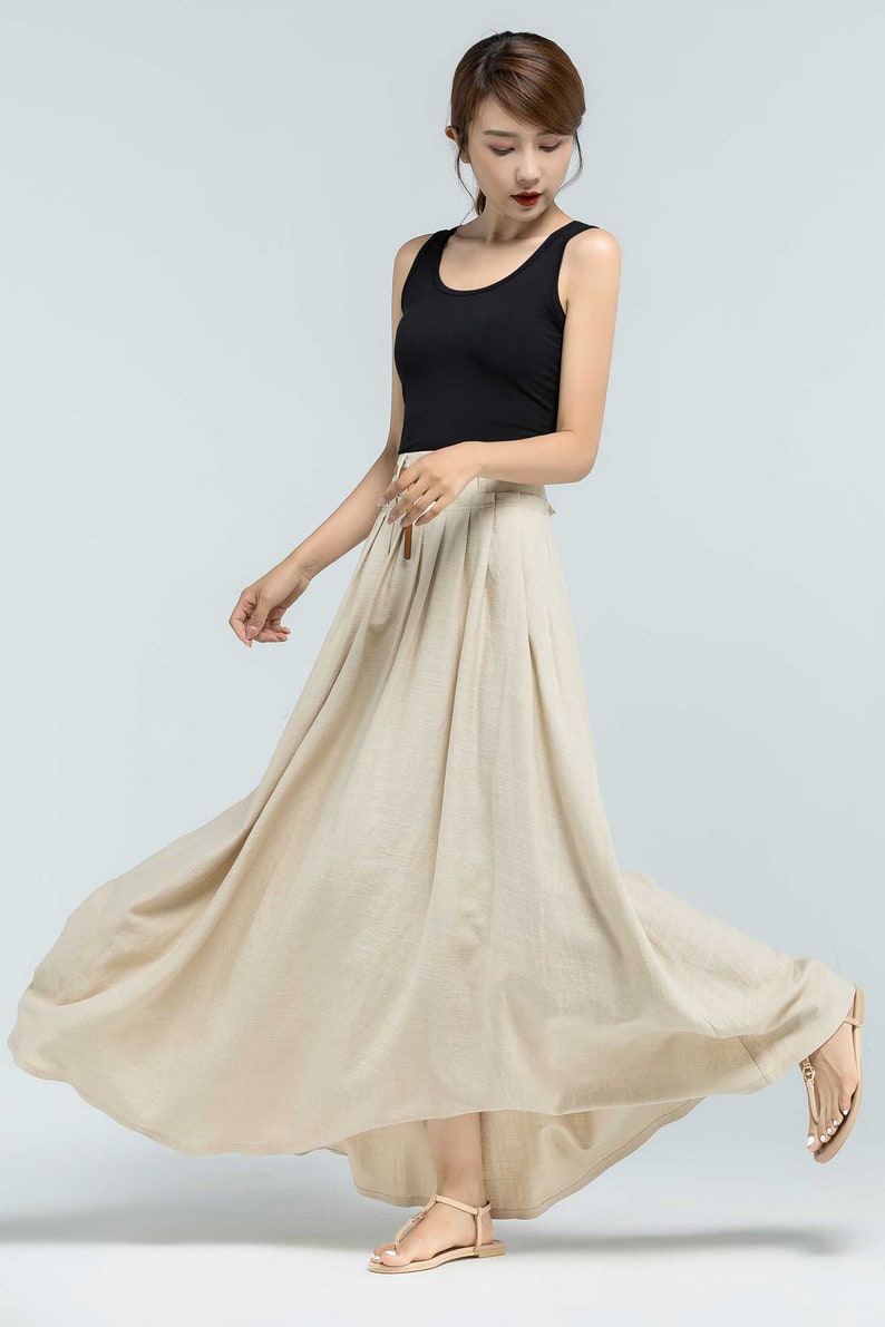 Casual Linen Maxi Skirt Outfit for Summer, Pleated Swing Maxi Linen ...