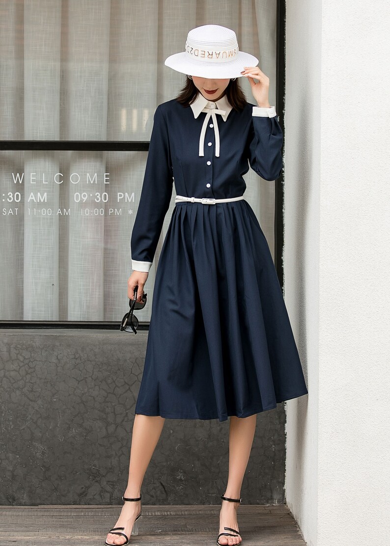 Button up Shirt Dress, Summer Fall Navy Formal Button up Midi Dress ...