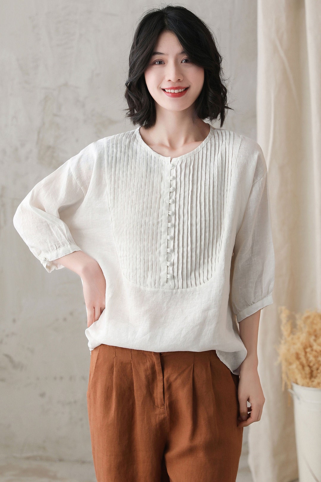 Weekend Outfit, White Linen Tops, Retro Crew Neck Linen Blouses, 3/4 ...