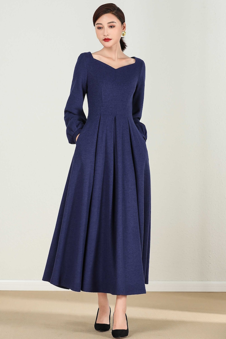 Long Wool Maxi Dress, Long Sleeve Wool Dress, Blue Wool Dress, Wool ...