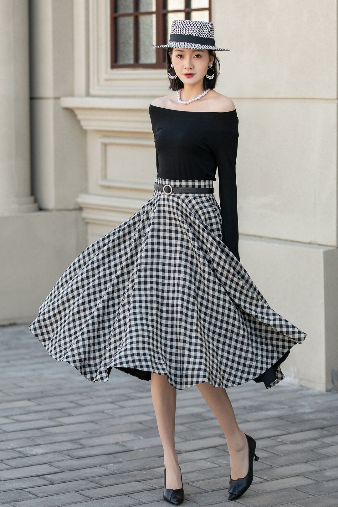 Midi Linen Plaid Skirt, Swing Linen Skirt, Linen Circle Skirt, Spring ...