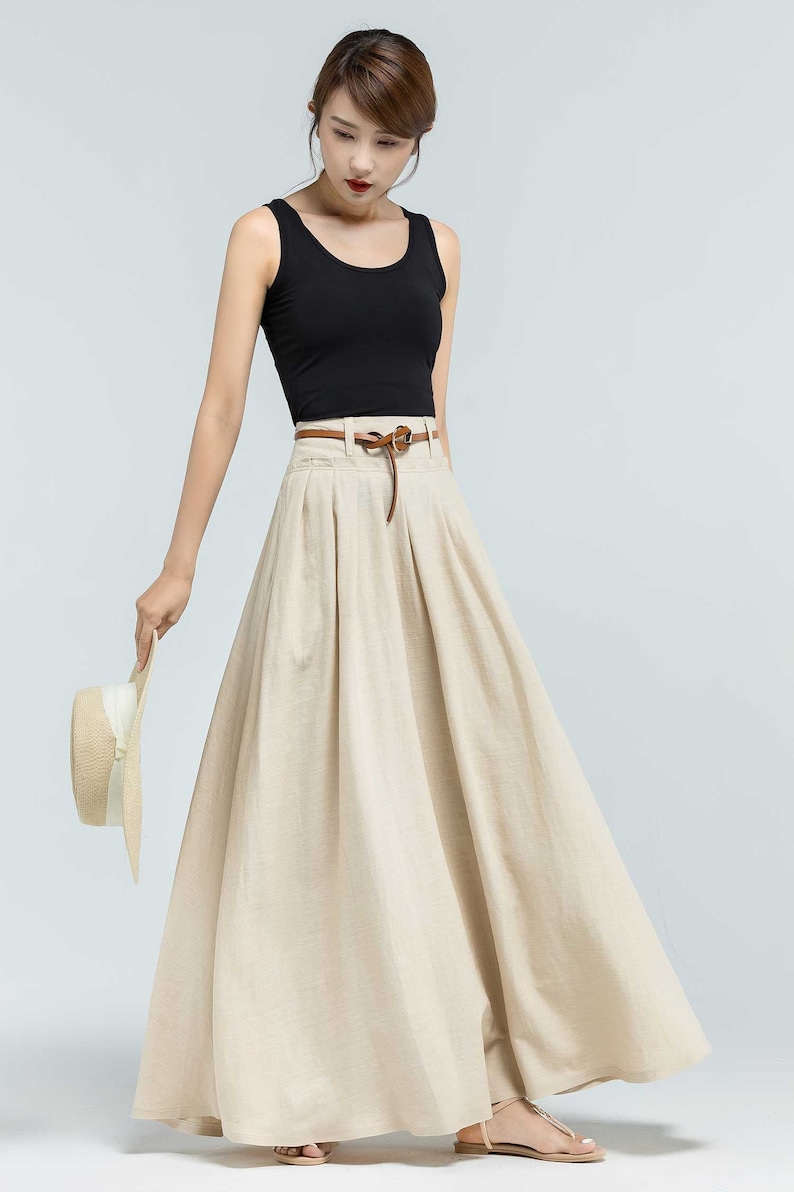 Casual Linen Maxi Skirt Outfit for Summer, Pleated Swing Maxi Linen ...